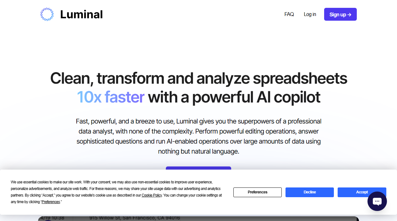 Luminal 是一个强大的 AI 助手，帮助用户快速清理、转换和分析电子表格，提升工作效率。-SOAI.IM