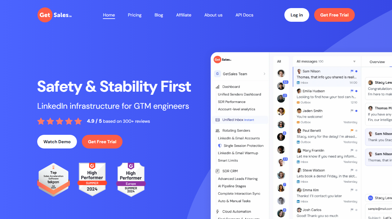 GetSales.io 是一款专为 LinkedIn 和电子邮件营销设计的自动化工具，旨在帮助用户高效生成潜在客户并提升转化率。-SOAI.IM