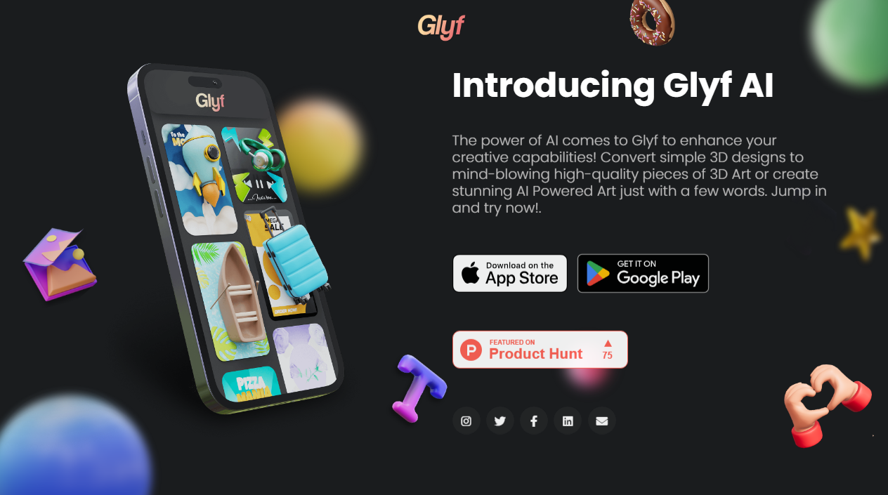 Glyf 是一款利用 AI 技术增强创意能力的 3D 设计和艺术生成工具。-SOAI.IM