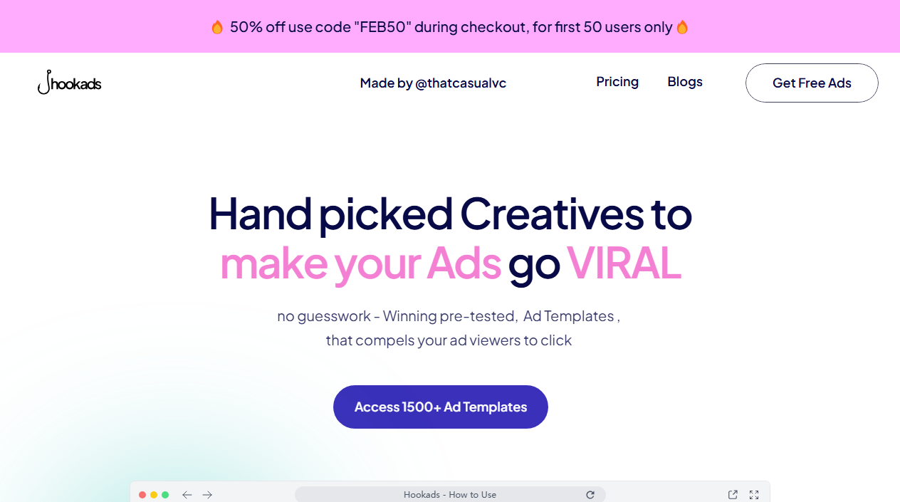 HookAds提供世界最大的已验证广告模板库，帮助用户快速创建高效广告。-SOAI.IM