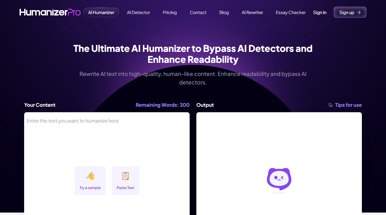 HumanizerPro是一款AI文本人类化工具，能够将AI生成的文本转化为高质量、人类化的内容，增强可读性并绕过AI检测器。-SOAI.IM