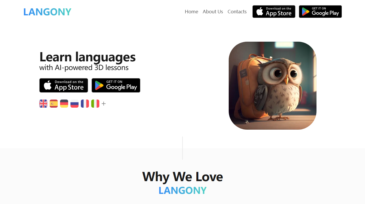Langony 是一个通过AI驱动的3D课程学习语言的平台，提供互动课程、语音助手和语音识别等功能。-SOAI.IM