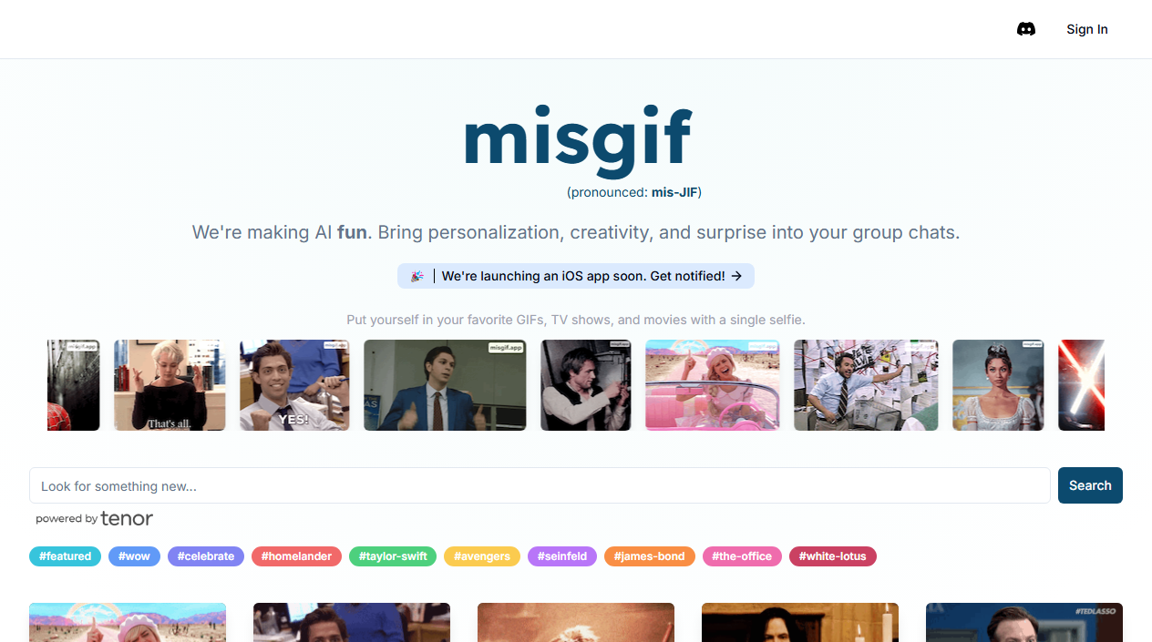 misgif是一个AI驱动的表情包生成平台，用户可以通过自拍将自己融入喜爱的GIF、电视剧和电影中。-SOAI.IM