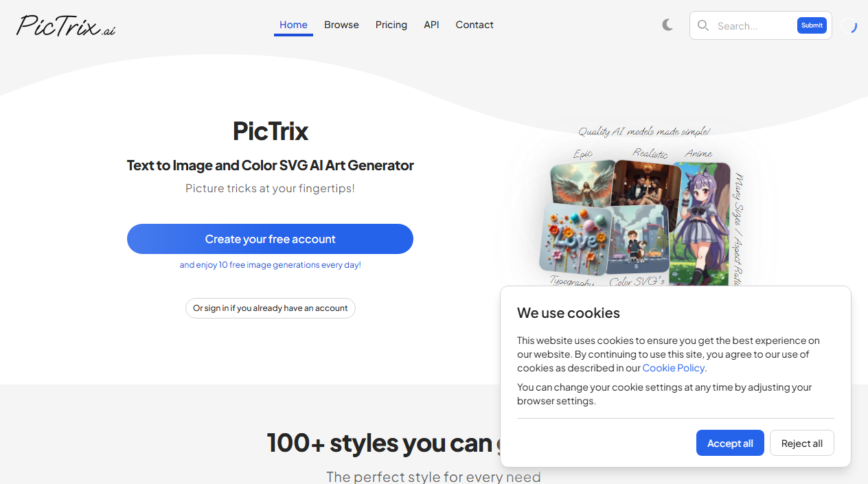 PicTrix是一个基于AI的文本到图像和彩色SVG艺术生成器，提供多种风格和尺寸的图像生成服务。-SOAI.IM
