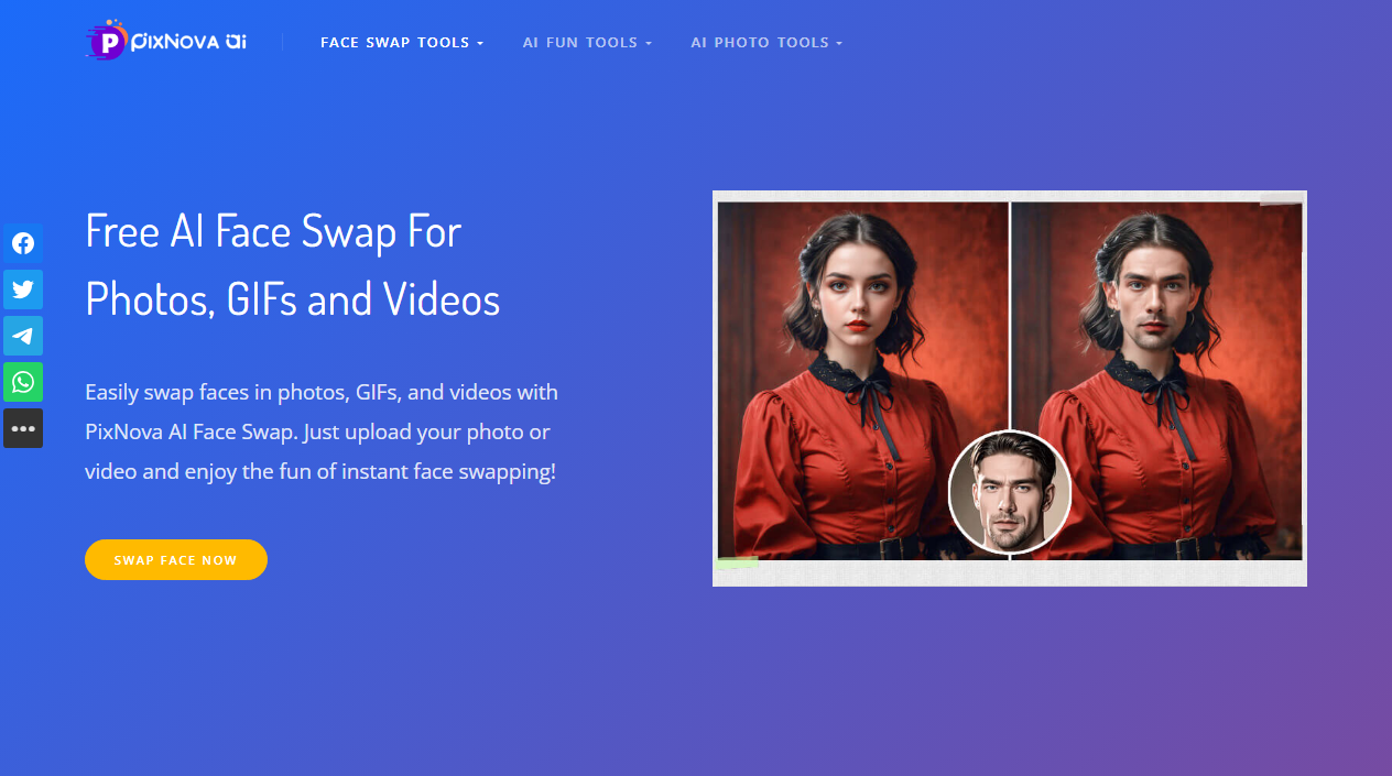 PixNova AI 提供免费的AI换脸工具，支持照片、GIF和视频的换脸操作，无需注册即可使用。-SOAI.IM