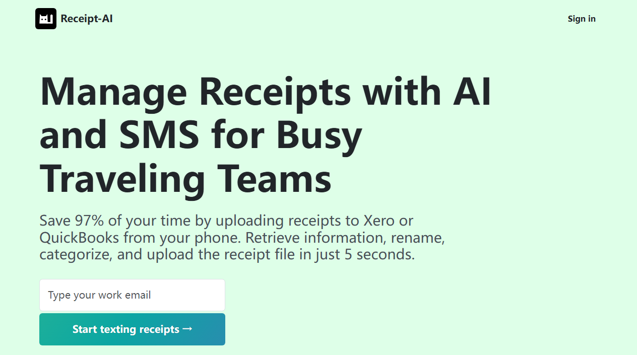 Receipt AI 是一款利用人工智能和短信技术帮助忙碌的旅行团队管理收据的应用，支持与 QuickBooks 和 Xero 集成，大幅提升 ...