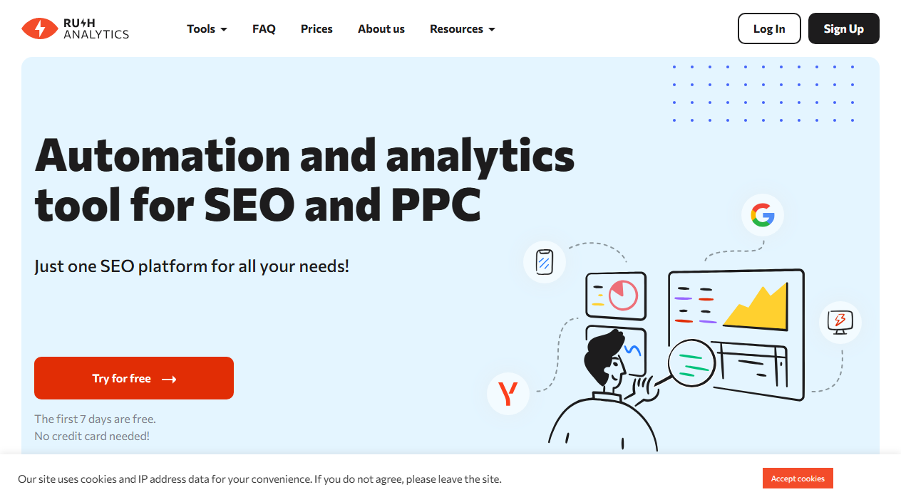 Rush Analytics 是一个集成了多种SEO和PPC自动化分析工具的平台，提供关键词研究、网站审计、排名跟踪等功能。-SOAI.IM