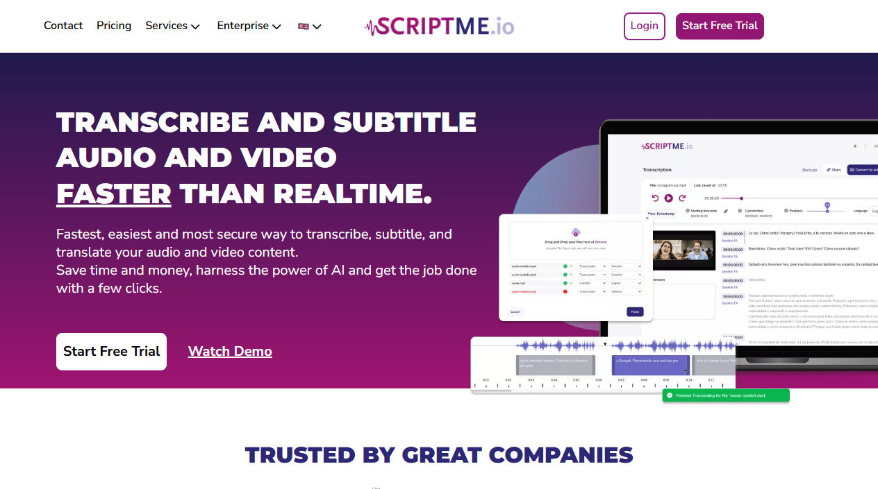 ScriptMe 提供快速、准确的音频/视频转录和字幕生成服务，利用人工智能技术简化工作流程。-SOAI.IM