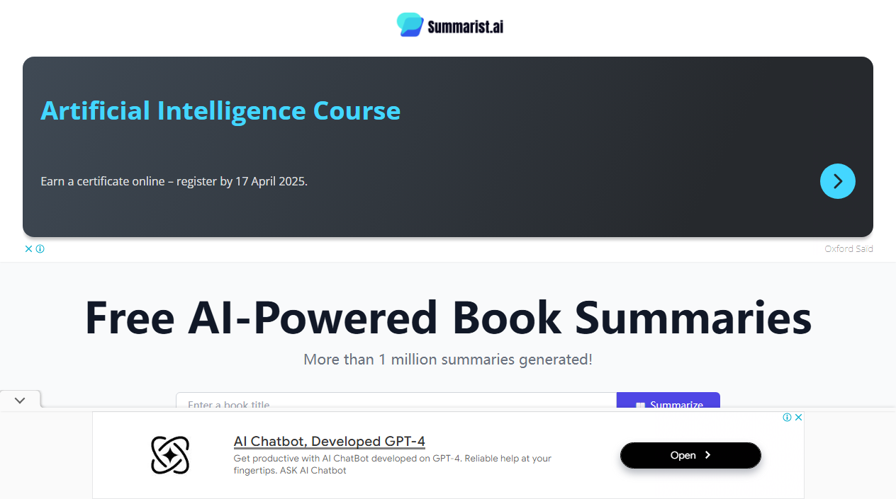 Summarist.ai 是一个提供免费AI生成书籍摘要的平台，帮助用户快速了解书籍内容。-SOAI.IM