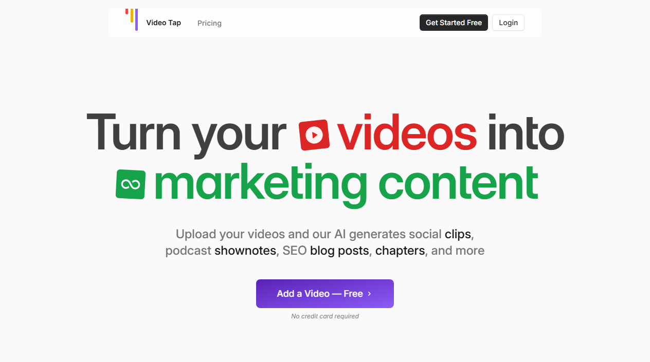 Video Tap 是一个将视频转化为多种营销内容的AI平台，帮助用户节省时间并扩大全球影响力。-SOAI.IM