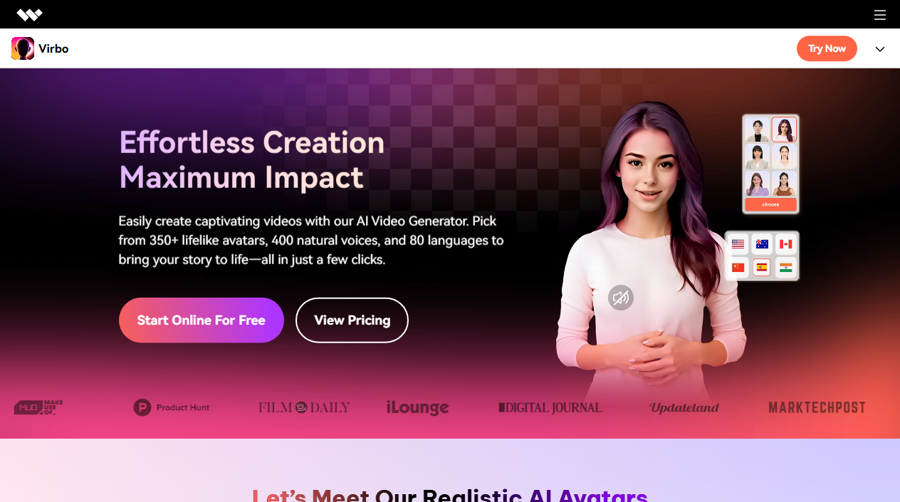 Wondershare Virbo 是一款高效的人工智能视频生成器，提供多种AI视频生成和编辑功能。-SOAI.IM