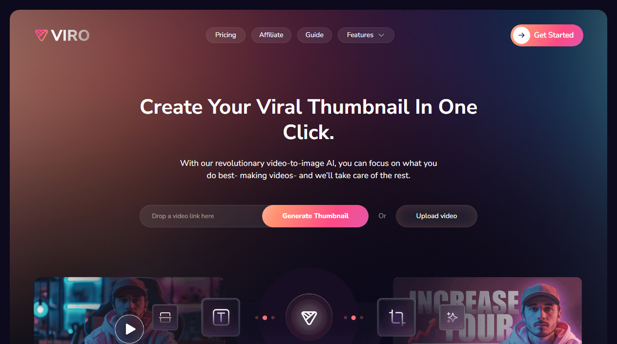 Viro 是一个基于 AI 的缩略图生成平台，能够从视频中一键生成高质量、高点击率的缩略图。-SOAI.IM