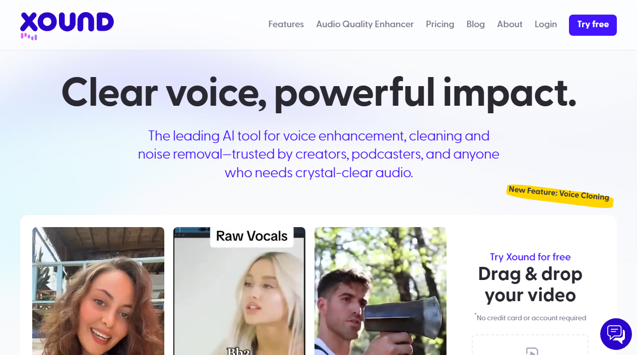 Xound.io 是一款领先的AI语音增强工具，专注于语音清洁和背景噪音去除，适用于YouTubers、Tiktokers、播客和内容创作者。-SOAI.IM